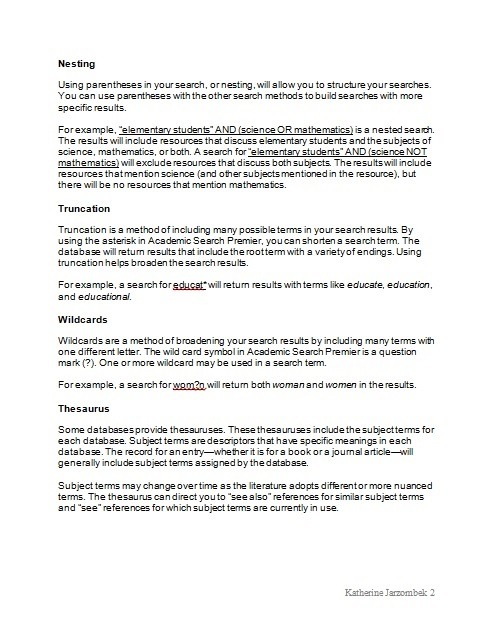 Katherine Jarzombek — Introduction To Database Searching Handout And