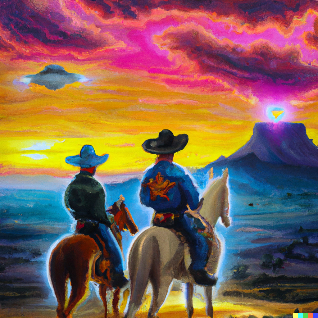 Two Cowboys On Horseback Discovering a UFO – DALL·E 2 Images Two Cowboys On Horseback Discovering a UFO – DALL·E 2 Images