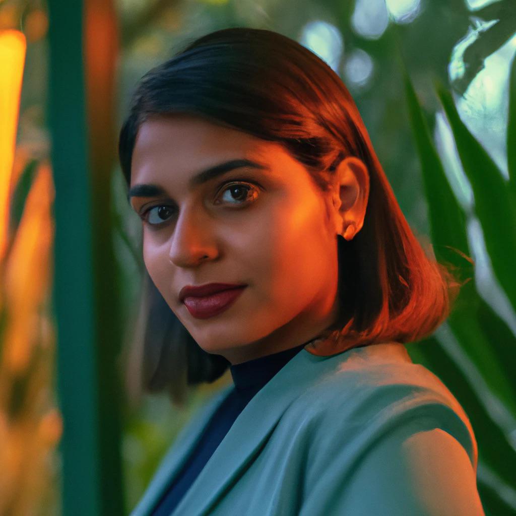 A Young Beautiful Indian Woman Wearing A Navy Green Jacket Inside A