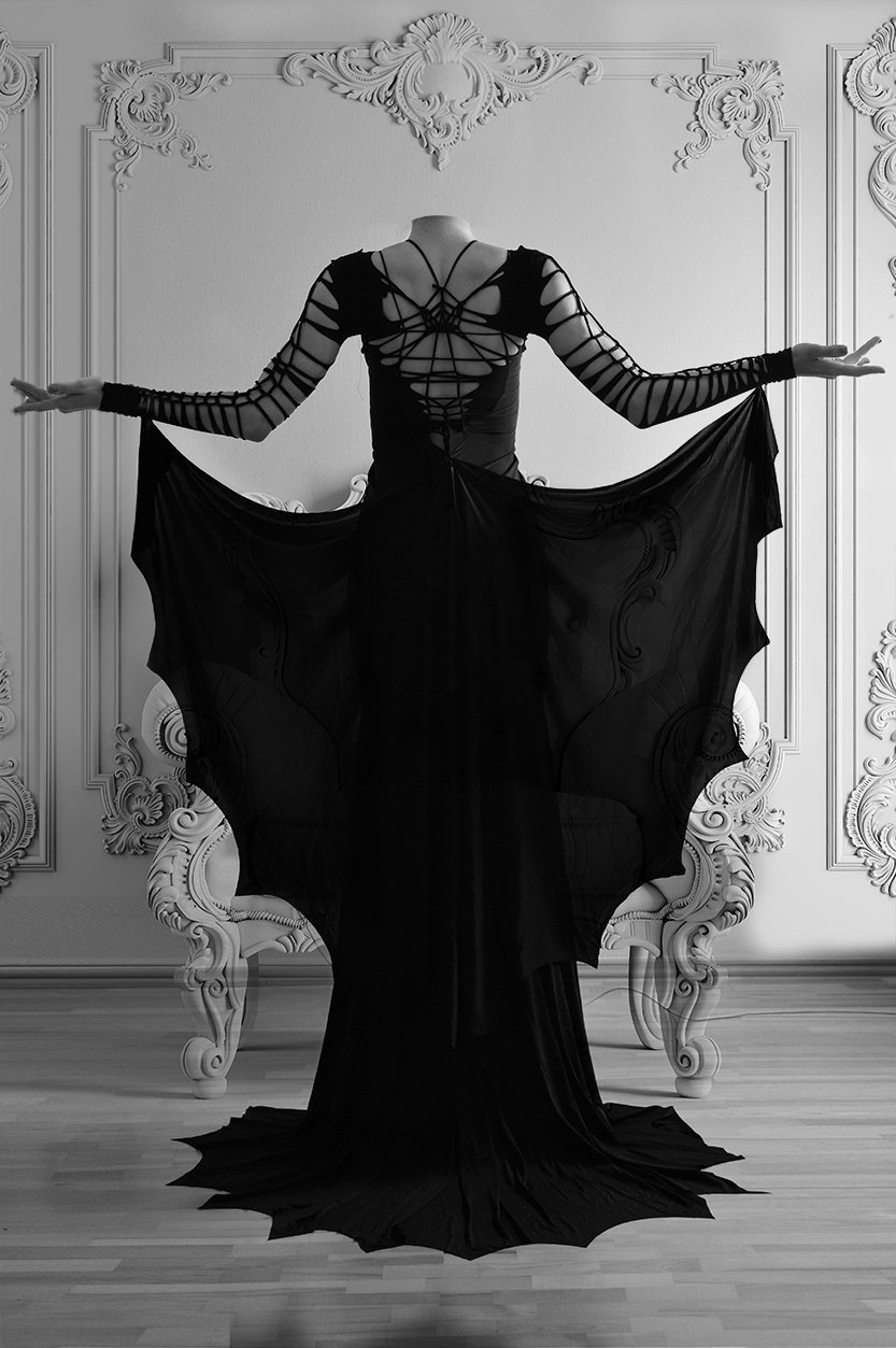 Iridescent Iguana — Slashed Dress Morticia Addams Black Gothic By