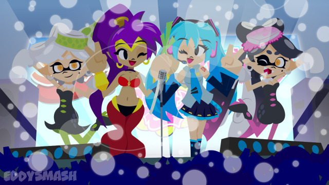 The ultimate show!! 🎵 (Shantae, Hatsune Miku, Callie and Marie) – @eddysmash2407 on Tumblr