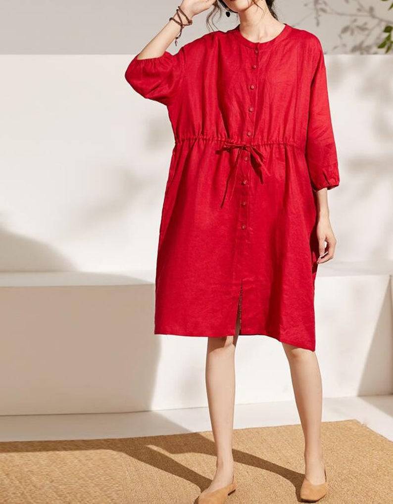 Malieb Via Women Red Dress Red Linen Dress Linen Shirt