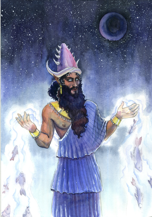 A Watercolor Of The Great God Enki Ea By Cropese Commissioned As A Pair With His Wife