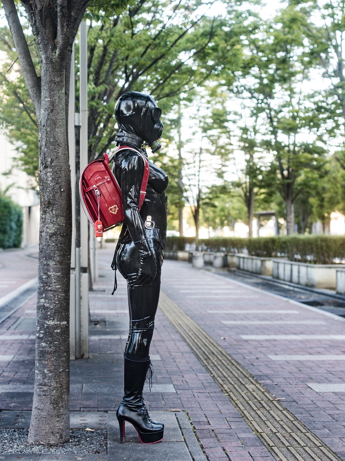 Black Rubber Latex Catsuit With Red Randoseru In Public Tumblr Pics