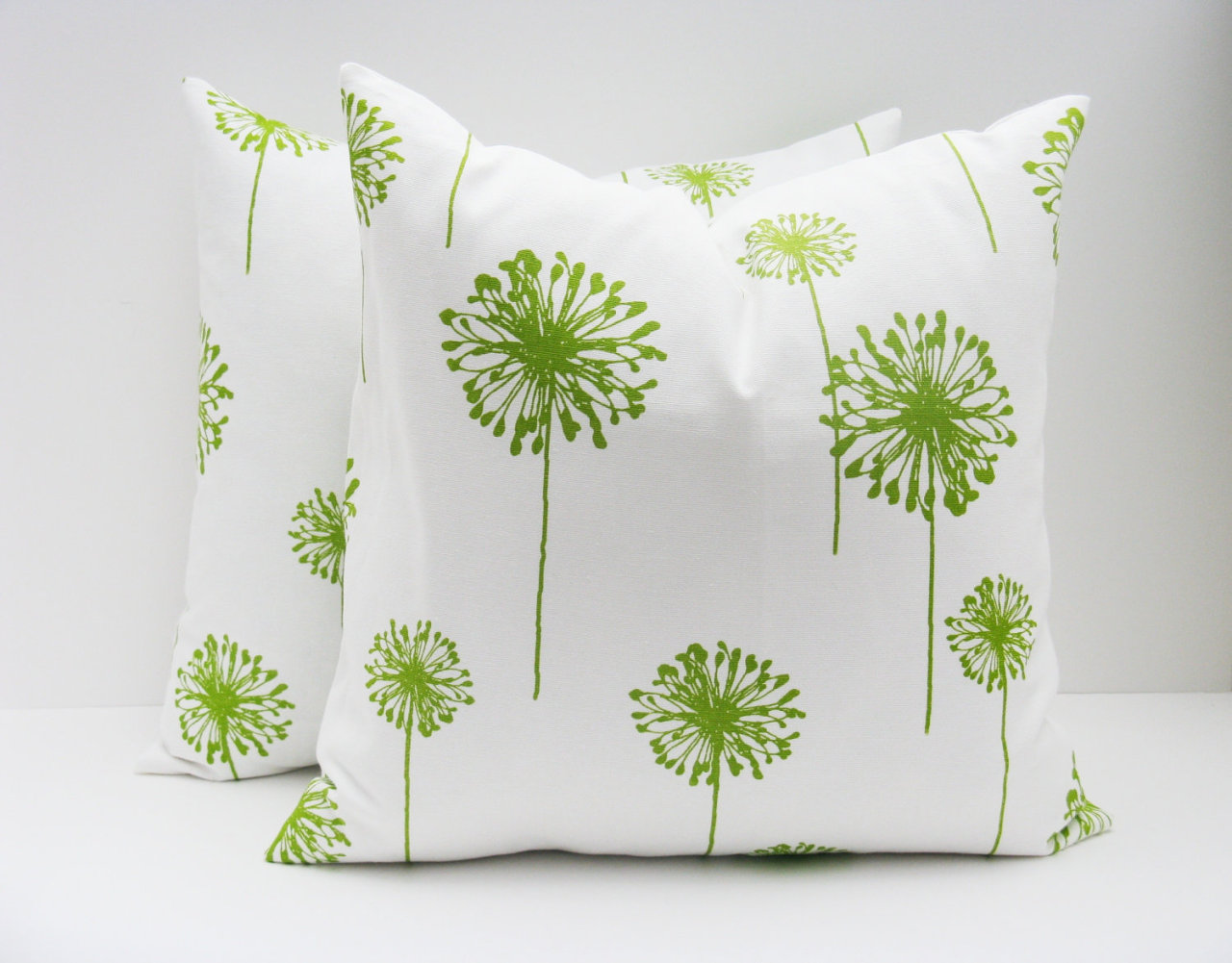 Dandelion Throw Pillows White With Bright Green Dandelion Print Two 16x16 Eastandnest