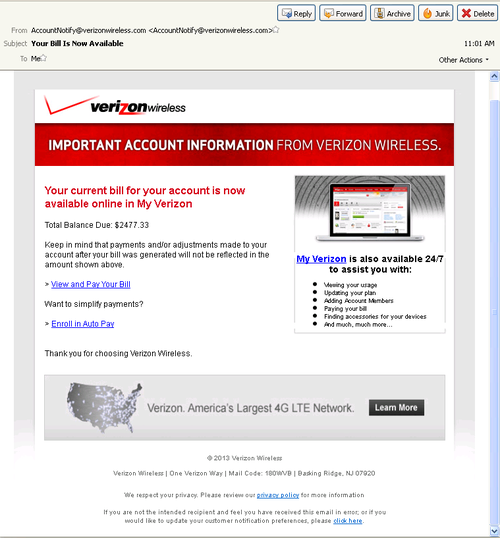 ThreatTrack Security - Malicious Spam Alerts, Verizon Wireless Bill Spam ThreatTrack Security - Malicious Spam Alerts, Verizon Wireless Bill Spam