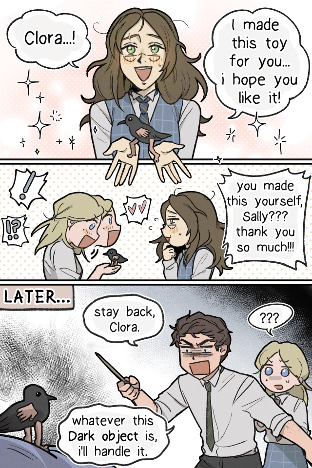 clora and seb with @siboom777 's MC, sally🥰 i love that she's a toymaker (even if some of them ...